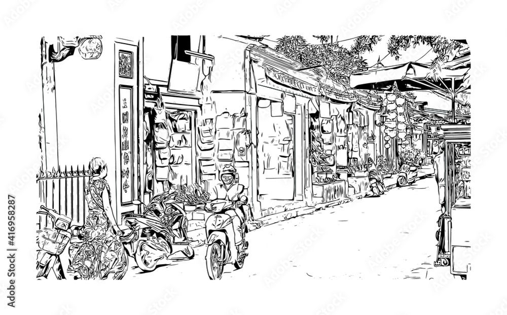 Building view with landmark of Hoi An is a city on Vietnam. Hand drawn ...