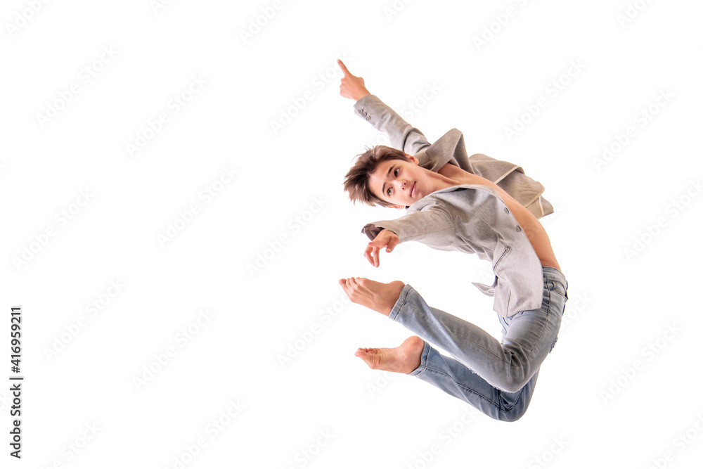Ballet dancer teen boy jumping on white background, isolate Stock Photo ...