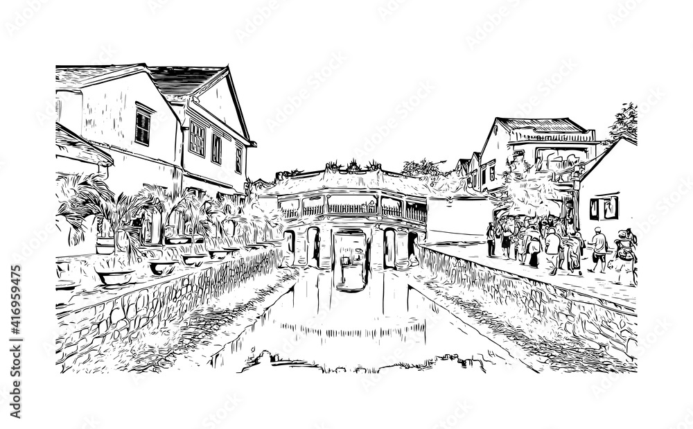 Building view with landmark of Hoi An is a city on Vietnam. Hand drawn ...