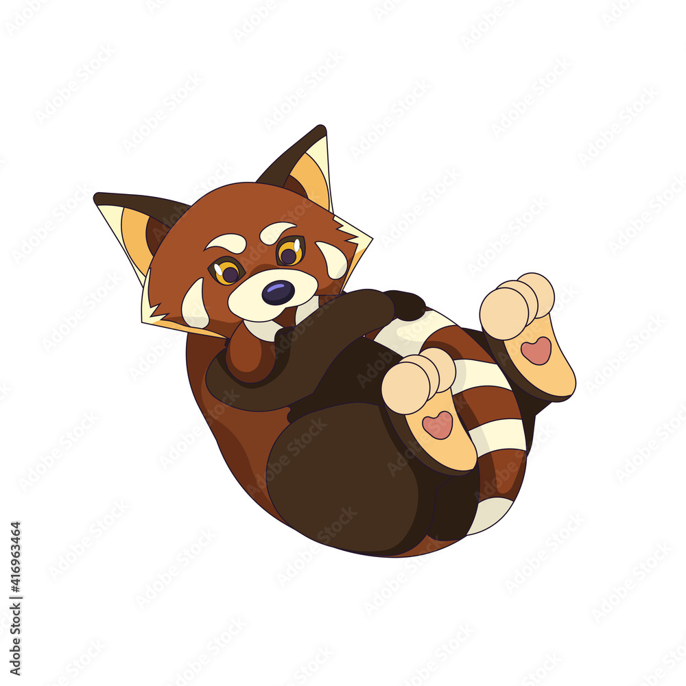 Cartoon Red Panda playing with a tail on white isolated background ...