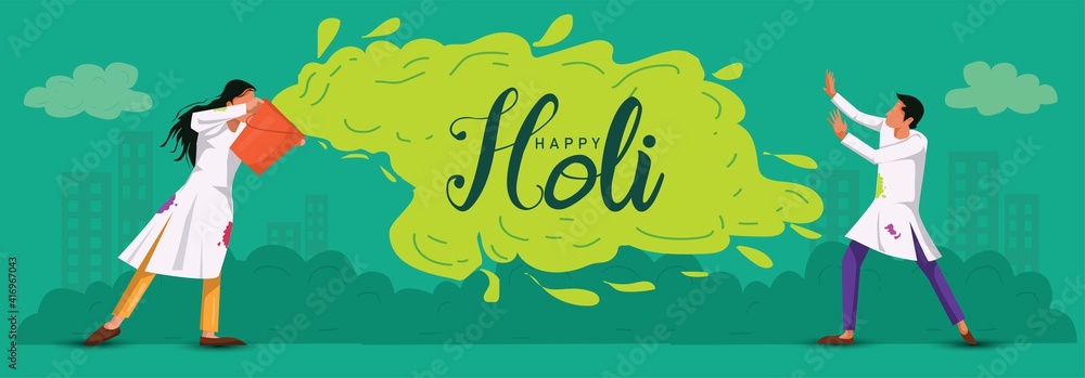 happy Holi. Cartoon Young girl and boy Playing Holi On White costume ...