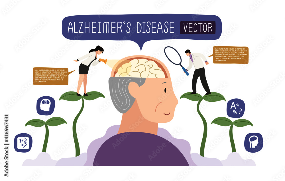 Alzheimer disease, old man with memory problem cartoon character design ...