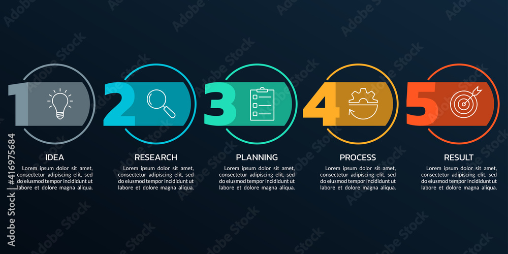 5 steps info graphic with numbers and business icons. Modern business ...