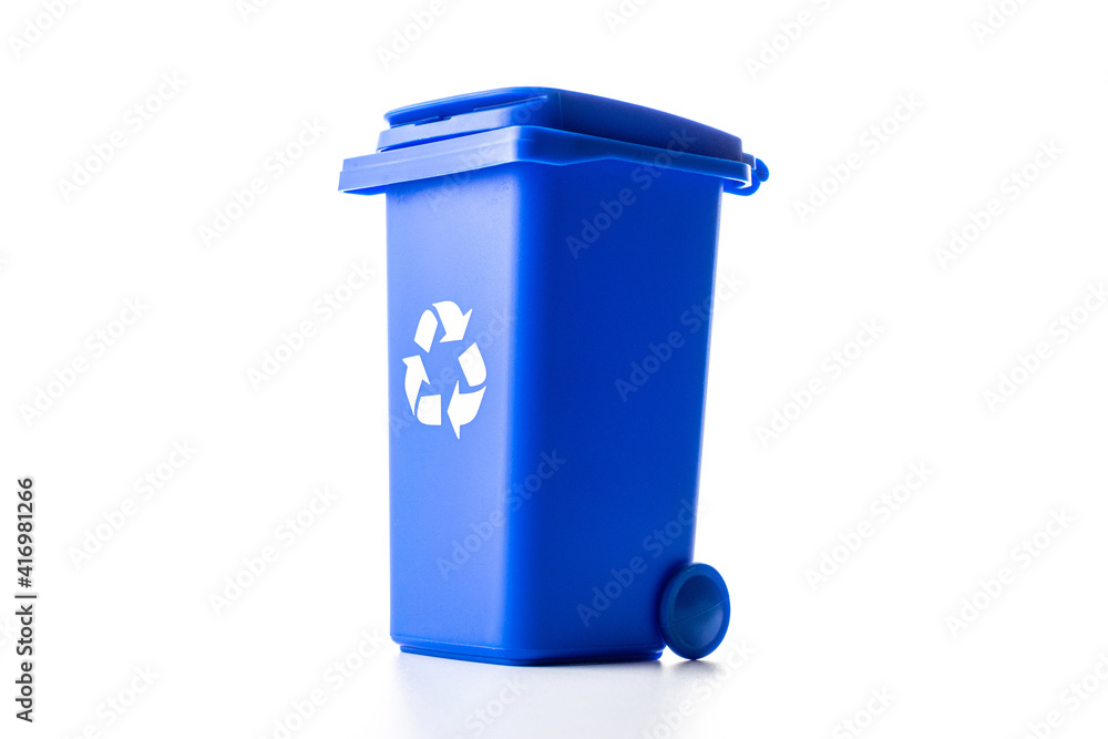 Trash bin. Blue dustbin for recycle paper trash isolated on white ...