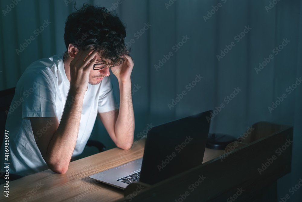 Depressed caucasian man be sleepless losing job and heartbroken at same ...