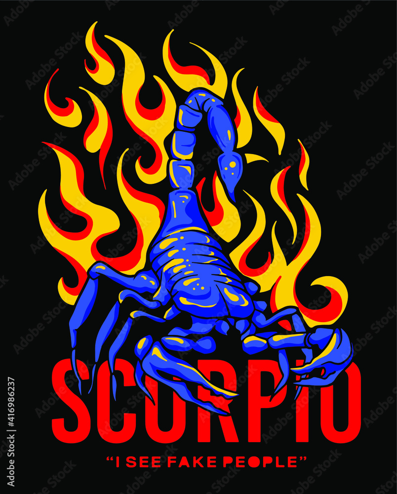 scorpion illustration with flames zodiac poster design Stock Vector ...