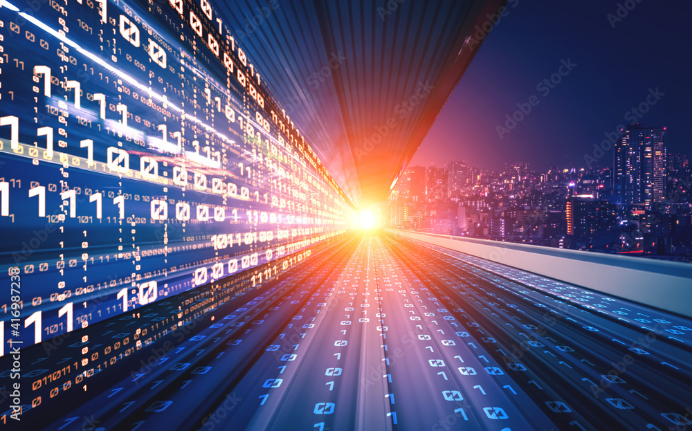 Digital data flow on road with motion blur to create vision of fast ...