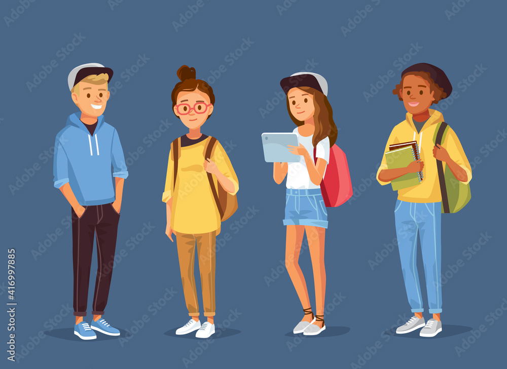 Set of young modern trendy people, university fellow students ...