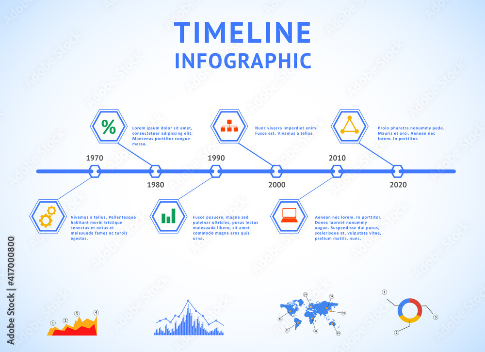 Timeline Infographic with diagrams and text Timeline Infographic with ...