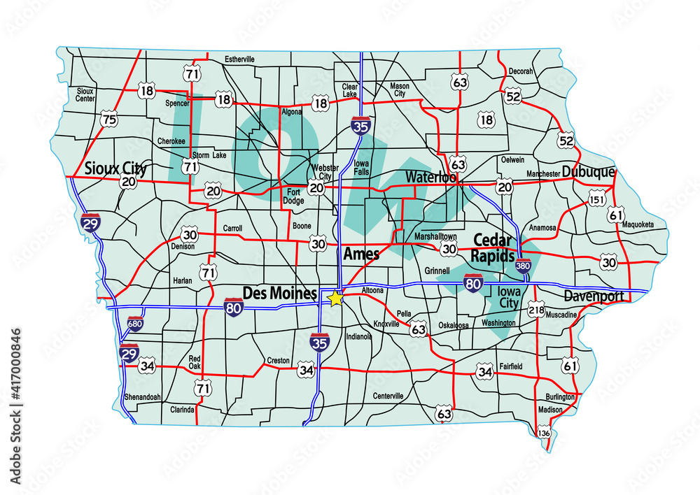 Vector map of the state of Iowa and its Interstate System. Stock Vector ...