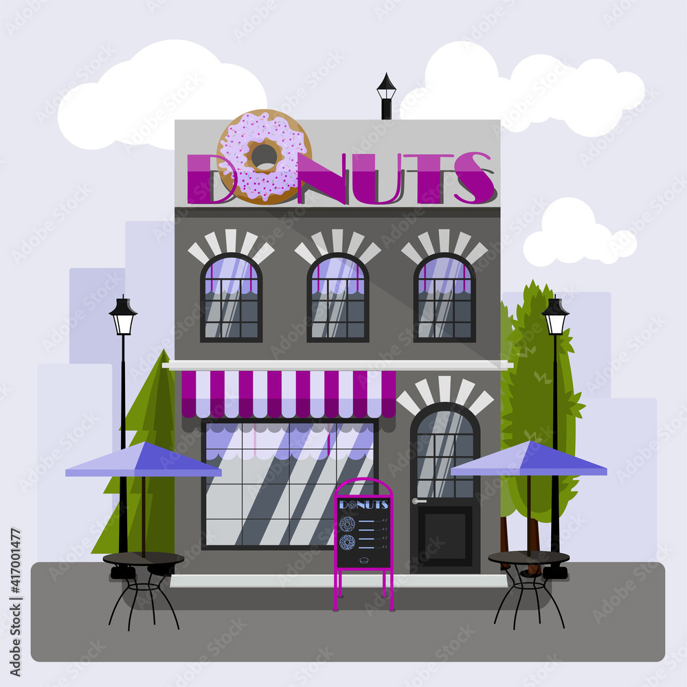 Donuts cafe exterior vector illustration. Flat design of facade. Cafe ...