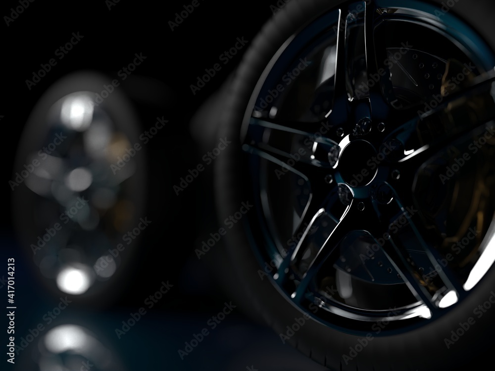 auto wheels on a dark background with chrome rims close-up. 3d render ...