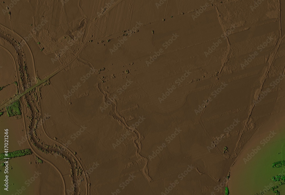 Digital elevation model of a forest area with a river. GIS product made ...