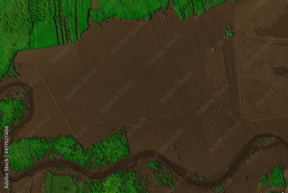 Digital elevation model of a forest area with a river. GIS product made ...