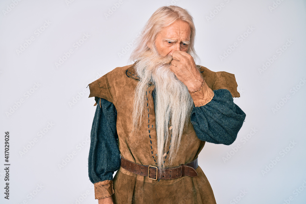 Old senior man with grey hair and long beard wearing viking traditional ...