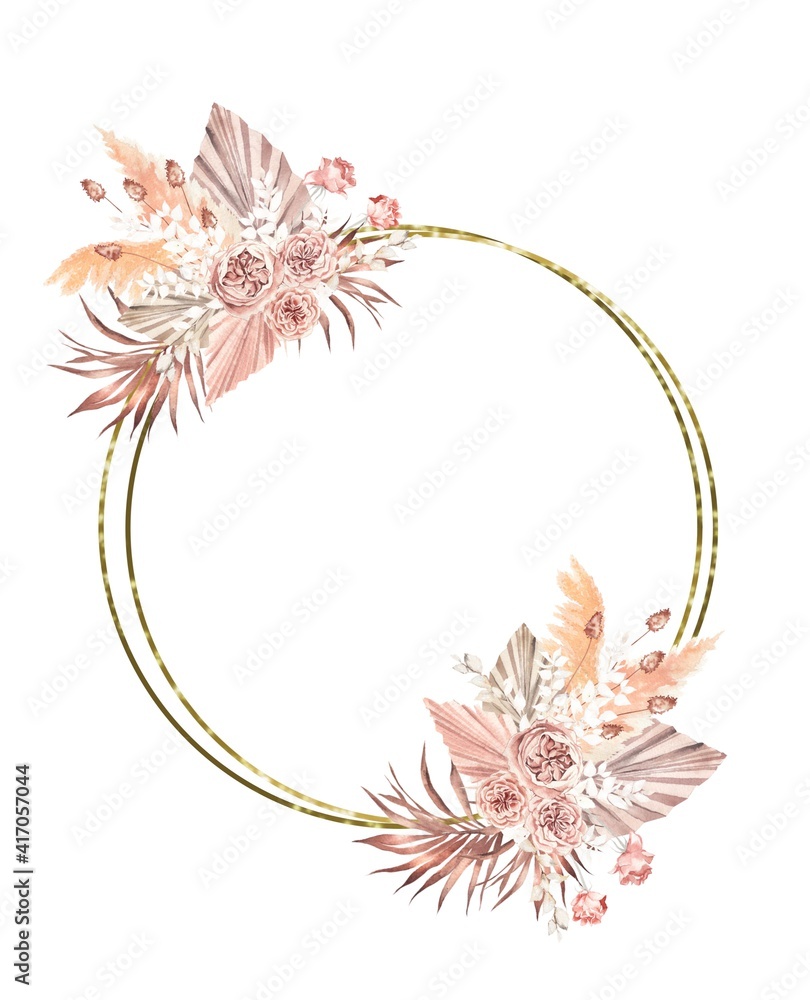 watercolor illustration. Gold circle frame in boho style pampas grass ...