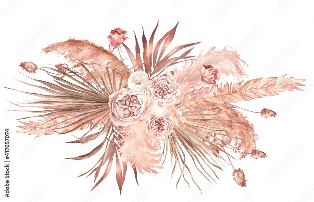 watercolor illustration. Wedding bouquet in boho style, peony roses ...