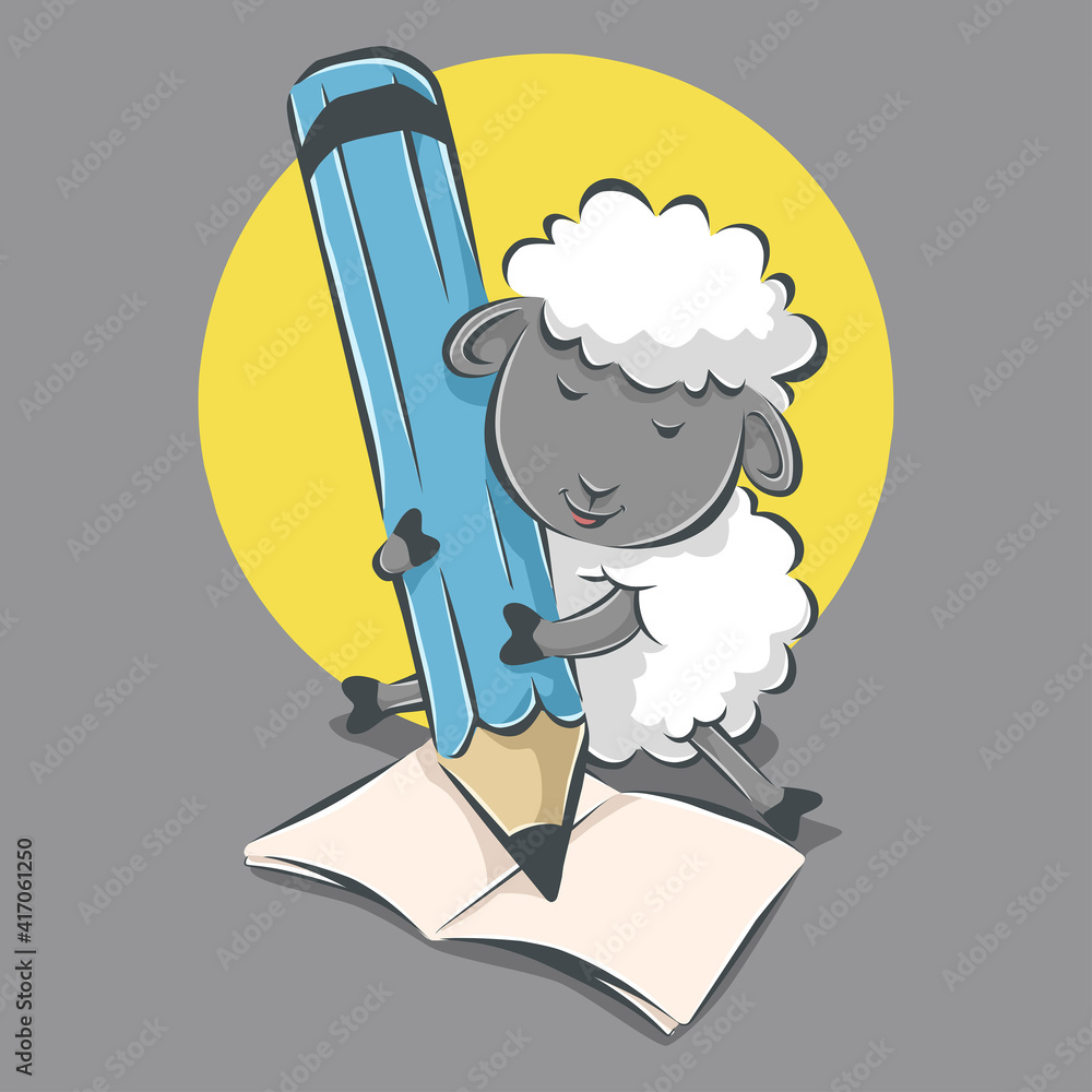 Cute sheep learning and writing cartoon icon illustration. flat cartoon ...
