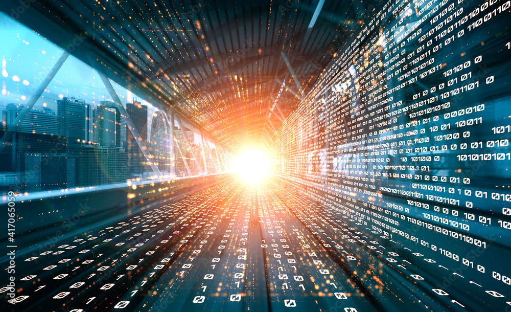 Digital data flow on road with motion blur to create vision of fast ...