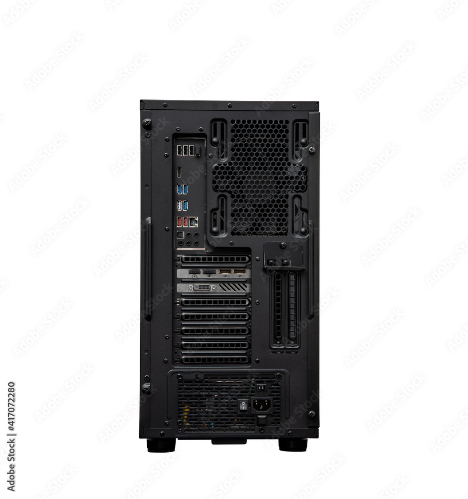 single big black chassis tower system unit, desktop computer, back view ...