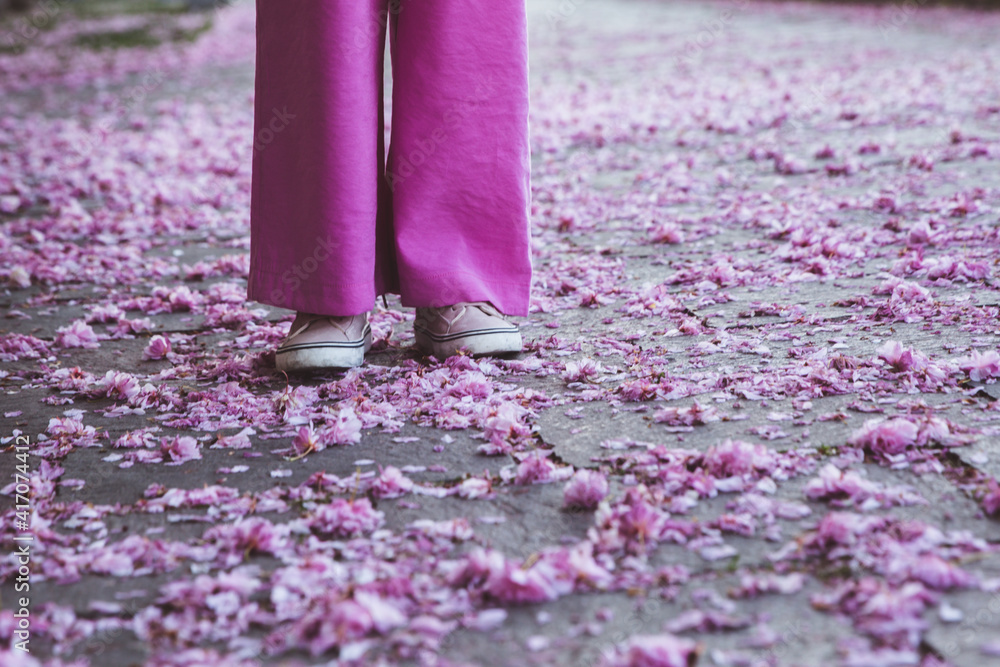 Spring vibes: Girls feet stand on the ground surrounding by cherry ...
