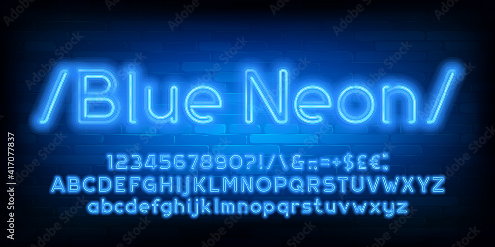 Blue Neon alphabet font. Neon light letters, numbers and punctuation ...
