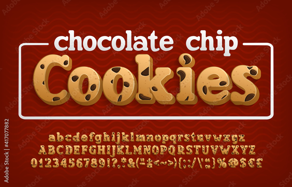 Vetor de Chocolate Chip Cookies alphabet font. Cartoon letters, numbers ...
