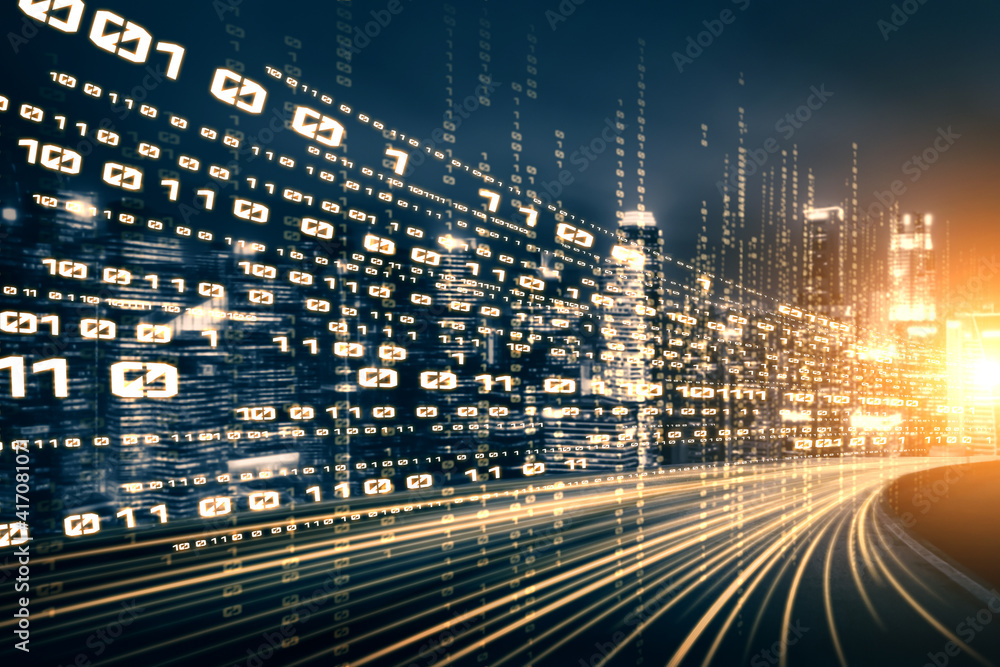 Digital data flow on road with motion blur to create vision of fast ...