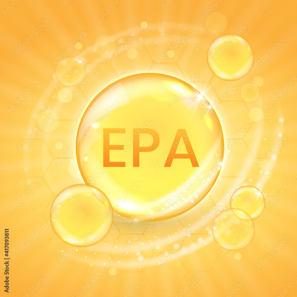 EPA from omega-3 fatty acid supplement, shiny oil vitamin capsule. Fish ...