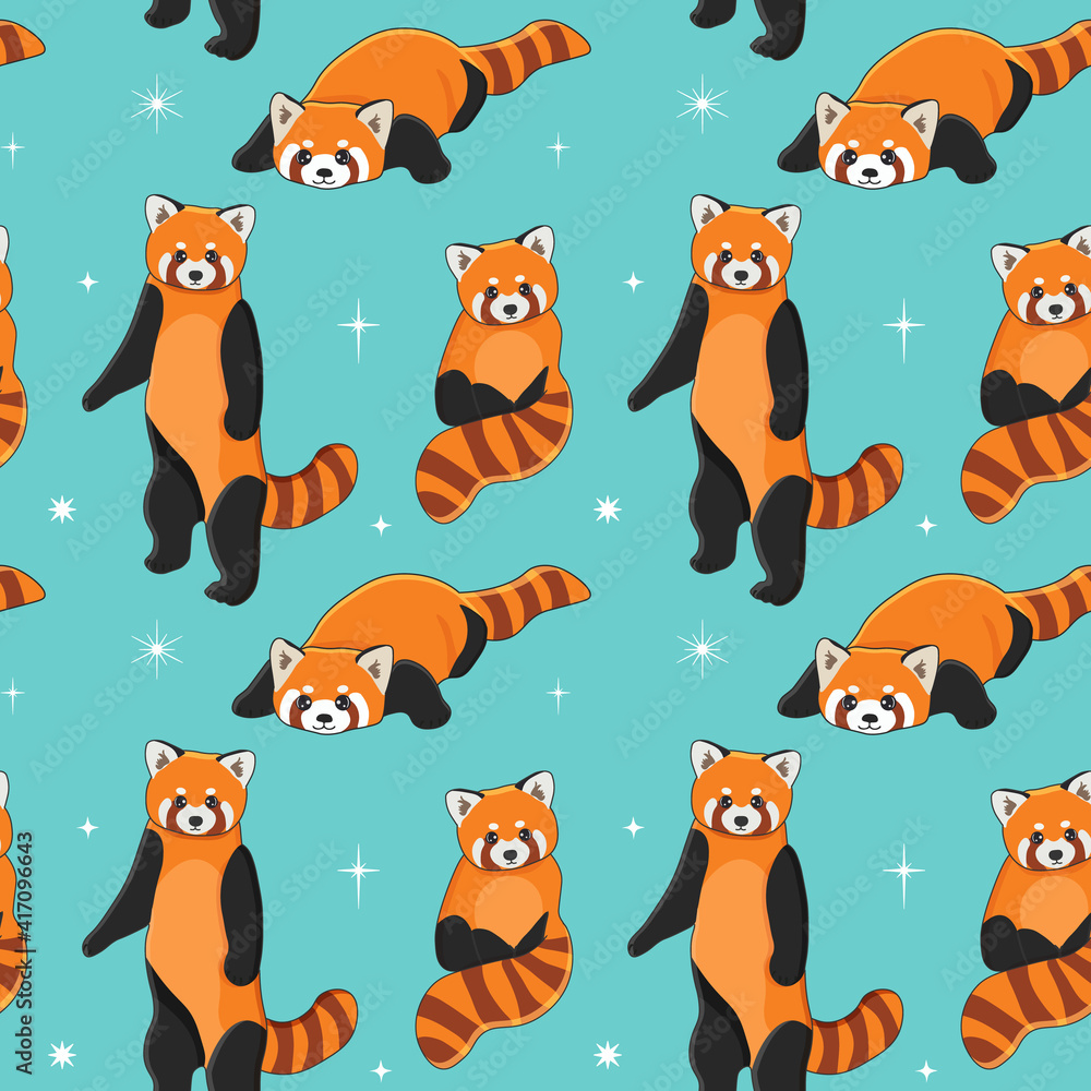 Seamless pattern of cute red panda in different poses. Cartoon design ...