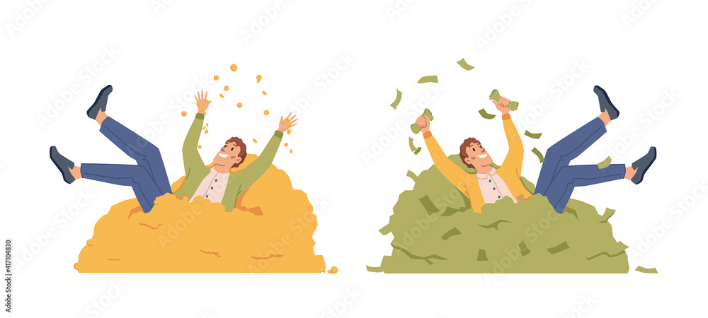 Businessman lie on heap of money isolated flat cartoon characters ...