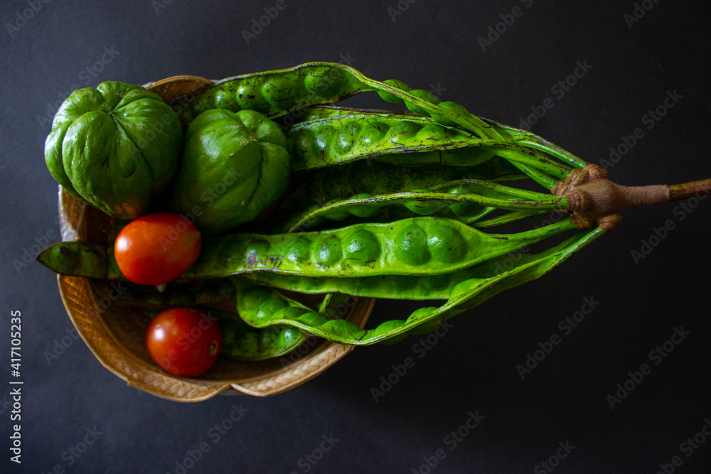 agriculture, asian, background, basket, black background, chayote ...