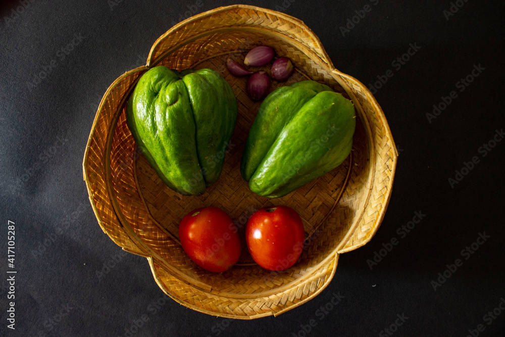 agriculture, asian, background, basket, black background, chayote ...