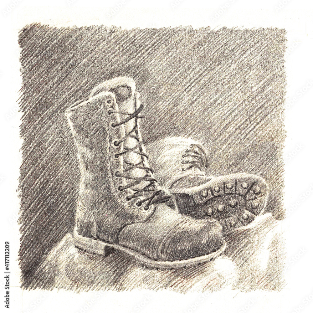 vintage climber illustration. pencil drawing. Mountain boots. Stock ...