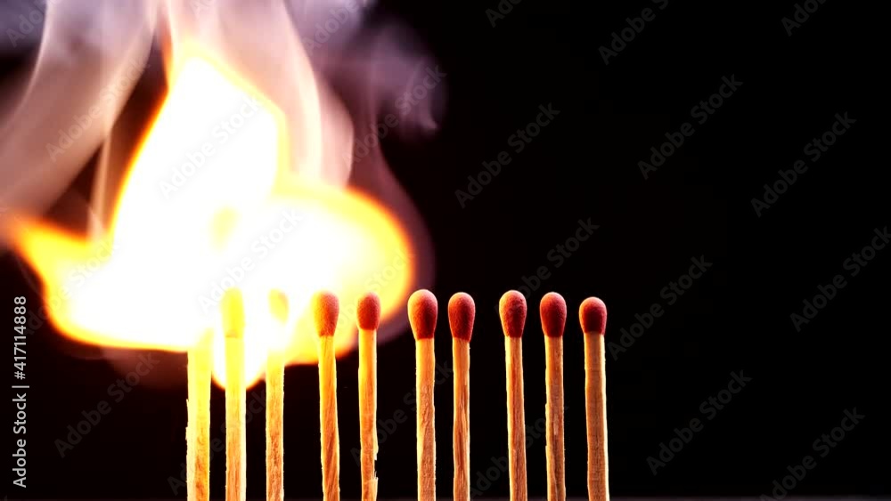 Close up burning match setting fire to a row of unlit matches isolate ...