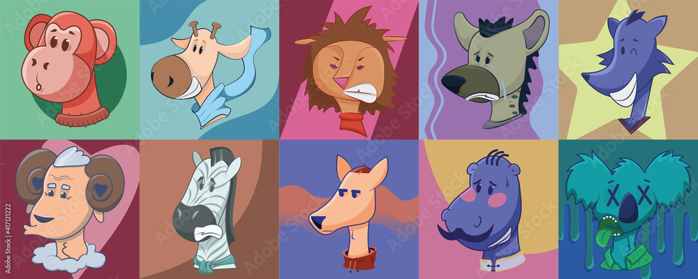 vector set of animal`s emotions, funny set animals illustration for ...