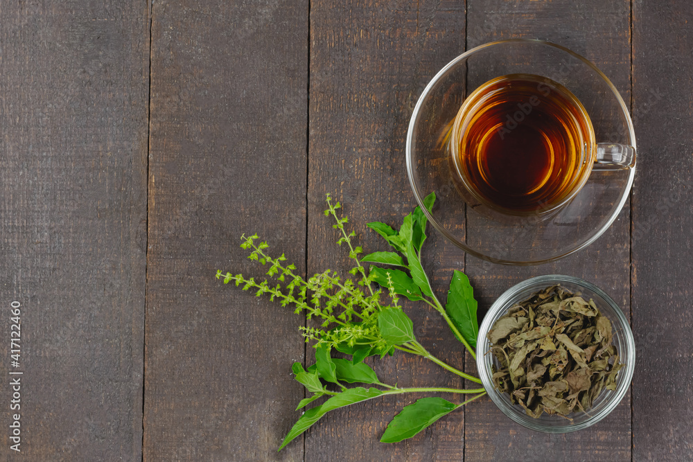Tulsi or holy basil tea in transparent glass cup with fresh tulsi leaf ...