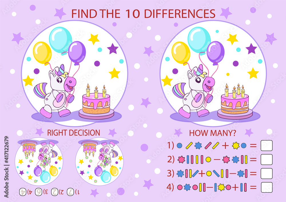 Children funny education game. Find the difference the two birthday ...