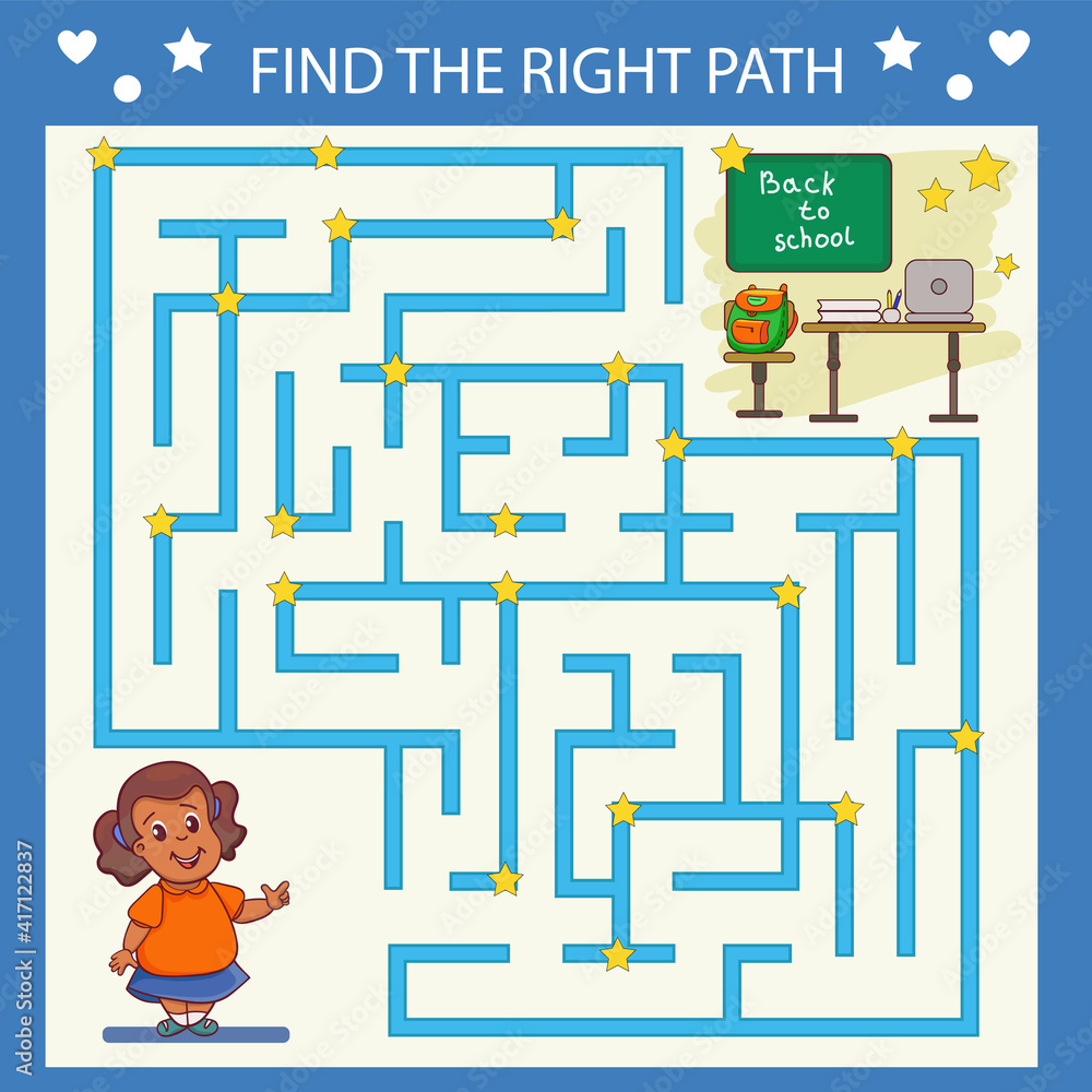 Kids maze game. Worksheet with little black girl go to school desk ...