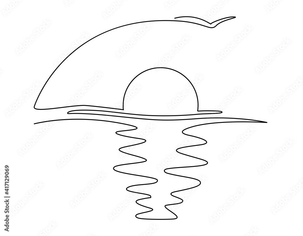Sunset over the sea. Single continuous line drawing. Vector ...