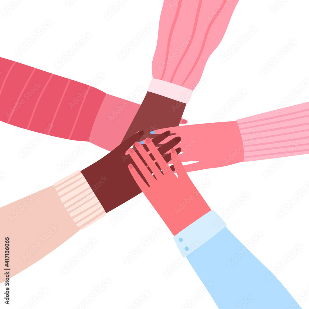 Men and women putting their hands together. Teamwork concept. Flat ...