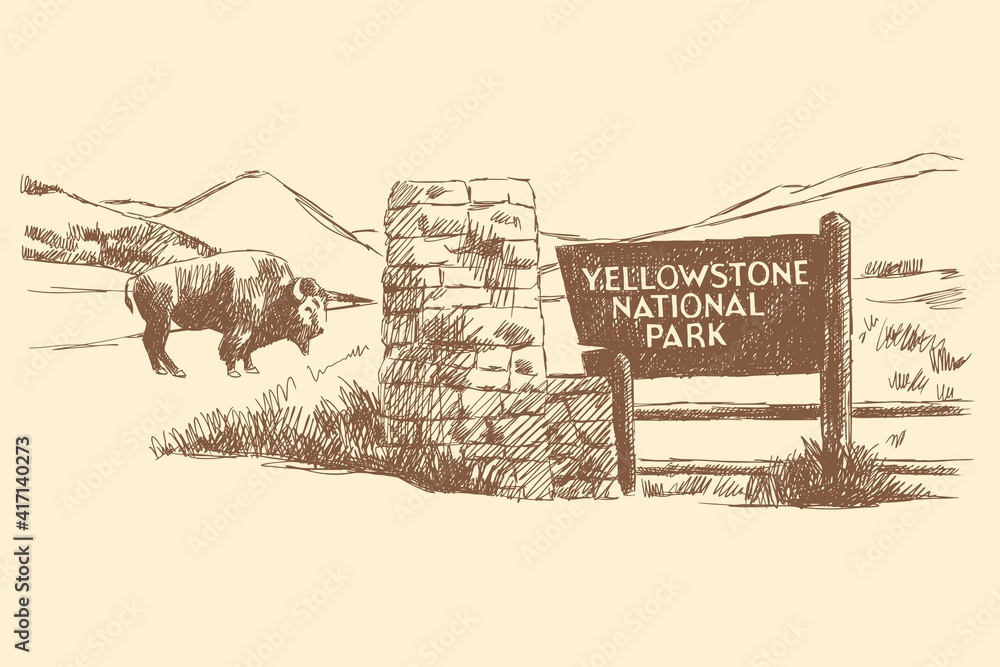 Sketch of the Yellowstone National Park sign, bison and nature in the ...