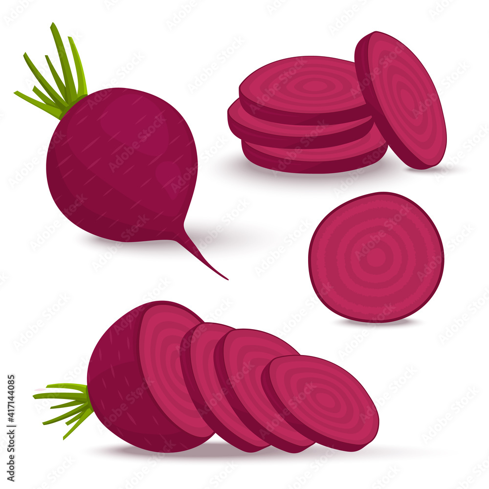 Vector beets isolated on white background. Whole red beets, half and ...