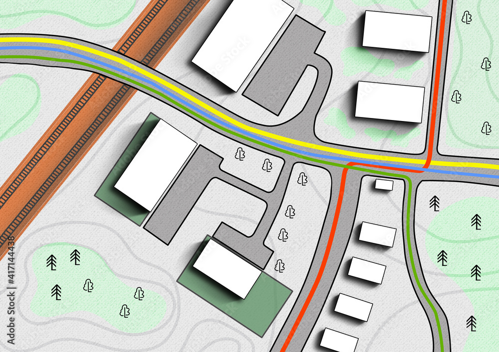 Topographic map with railroad. Gray map top view. Topographic map ...
