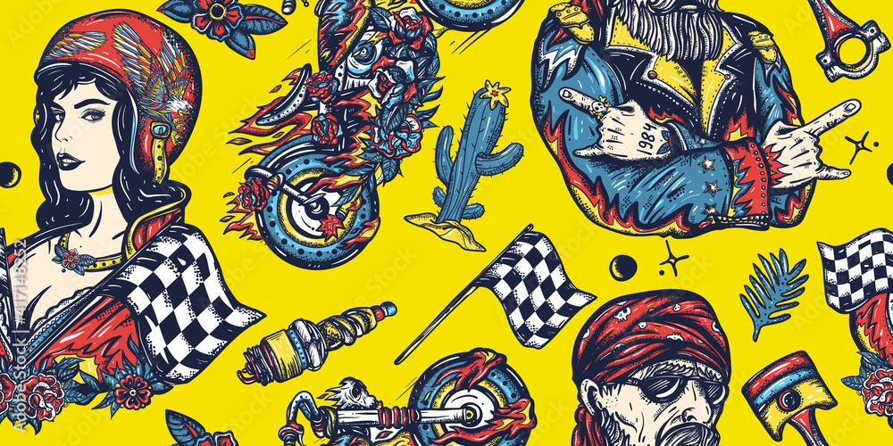 Bikers. Moto sport seamless pattern. Old school tattoo background ...