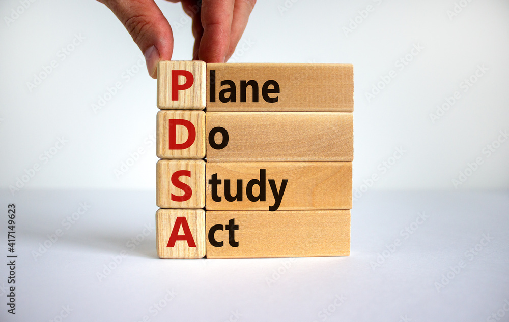 PDSA, plan do study act symbol. Businessman hand. Wooden cubes and ...