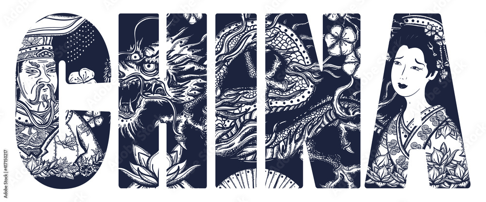China slogan. Ancient chinese dragon, emperor, queen in traditional ...