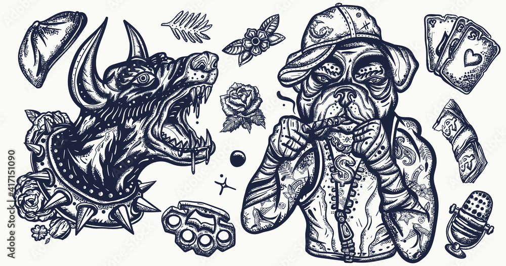 Dogs. Evil doberman and crime boxer bulldog. Criminal street culture ...