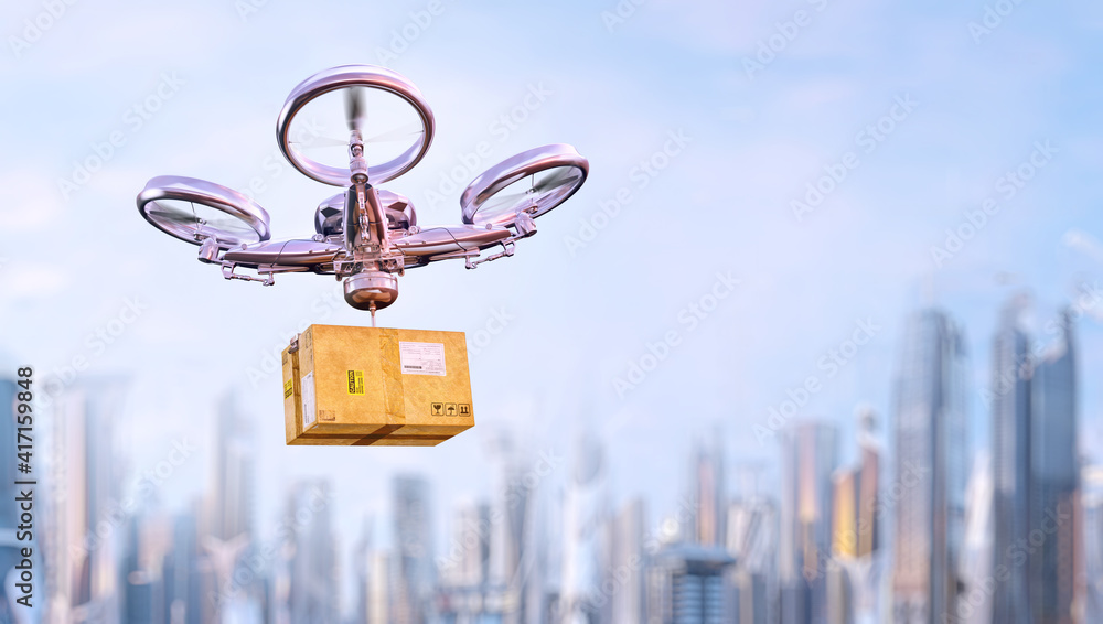 UAV drone quadcopter delivering post package box, cityscape background ...