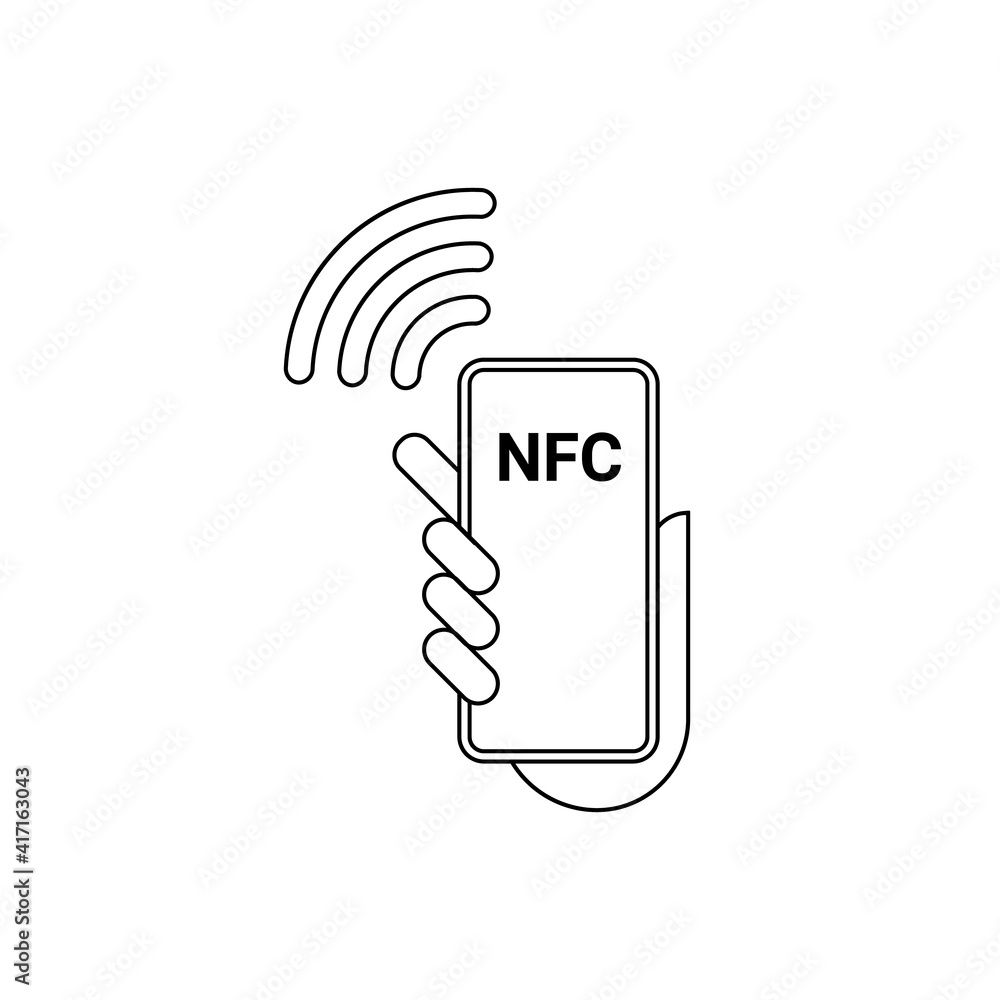 NFC technology, hand with phone, icon isolated on white background ...